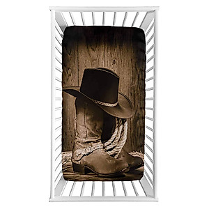 Western Fitted Crib Sheet,Wild West Themed Cowboy Hat and Old Ranching Rope On Wooden Display Rodeo Cowboy Style Microfiber Silky Soft Toddler Mattress Sheet Fitted,28"x 52"x 8'' for Boys Girls
