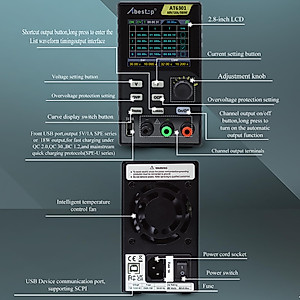 Abestop AT6301 DC Power Supply Variable, 60V/10A/300W Adjustable Bench Power Supply with 10mV / 1mA High Resolution 4-Digits 2.8 inch LCD Display, 5V/1A USB Output