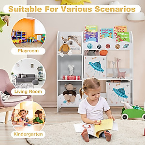 HONEY JOY Kids Toy Storage Organizer, Wooden Storage Unit with 2 Storage Boxes, Toddler Storage Display Bookshelf Daycare Furniture for Playroom, Children’s Room, Living Room(Planet)