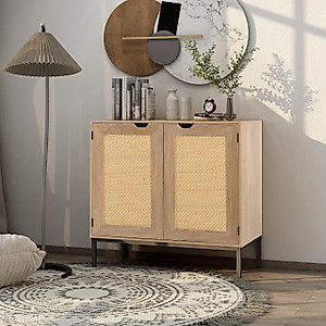 HESIEU Country Style Storage Cabinet with 2 Rattan Doors Natural Wood Sideboard Decorative Table Shoe Cabinet Office Cabinet with Metal Legs for Dining Room Kitchen Hallway Office