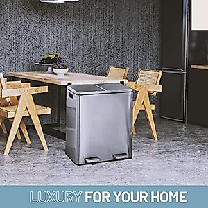 AWENN - Dual Kitchen Garbage Trash Can with Lid and Pedal - Touchless Round Shape Waste Bin - Stainless Steel Dustbin for Kitchen, Bathroom, Office and Outdoors – Black (12.7 Gallon – 48 Liters)