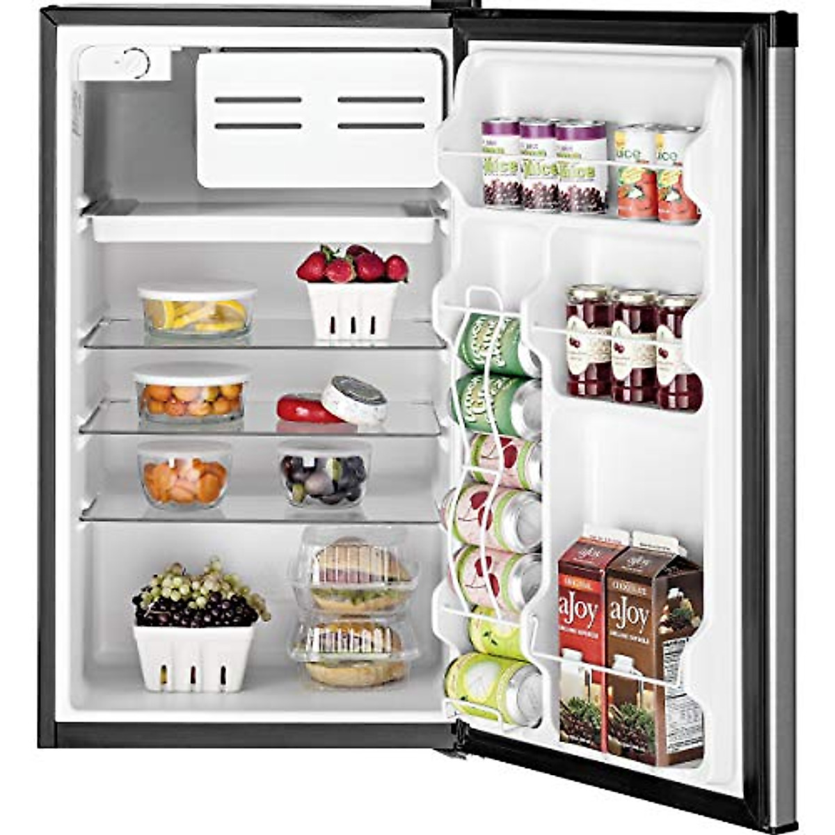 GE Mini Fridge With Freezer | 4.4 Cubic Ft. | Single-Door Design With Glass Shelves, In-Door Can Rack & Small Freezer | Small Refrigerator Perfect for the Garage, Dorm Room, or Bedroom | Clean Steel