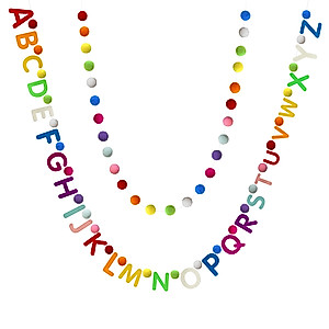 2 Pieces Alphabet Garland Rainbow ABC Wall Decor Colorful Pom Pom Garland 26 Balls Garlands for Classroom Party Home Decoration