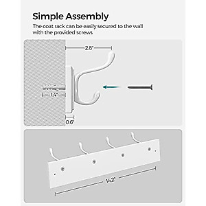SONGMICS Wall-Mounted Coat Rack, Hook Rack, 4 Dual Metal Hooks, for Coats, Bags, Keys, in the Entryway, Bedroom, Living Room, White ULHR23WT