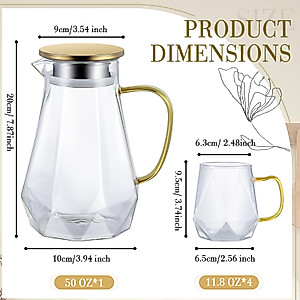 Mumufy 5 Pcs Glass Pitchers Set, 50 oz Borosilicate Glass Pitcher with 4 Cups Diamond Design Water Pitcher with Handle and Stainless Steel Lid Glass Kettle Durability Glass Carafe for Tea Coffee Juice