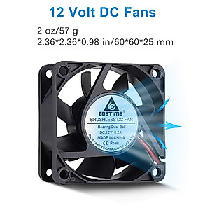 GDSTIME 60mm Fan, 60mm x 60mm x 25mm Dual Ball Bearings 12V DC Brushless Cooling Fan