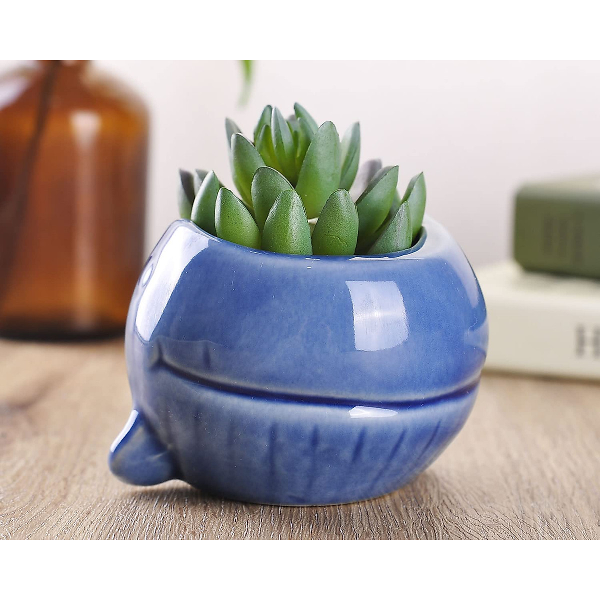 VanEnjoy 5" Ceramic Succulent Pot, Cute Ocean Blue Seashell Series, Conch Shaped Cactus Pot Planter, Flower Pot, Pottery Bonsai Pot (Dark Blue Whale)