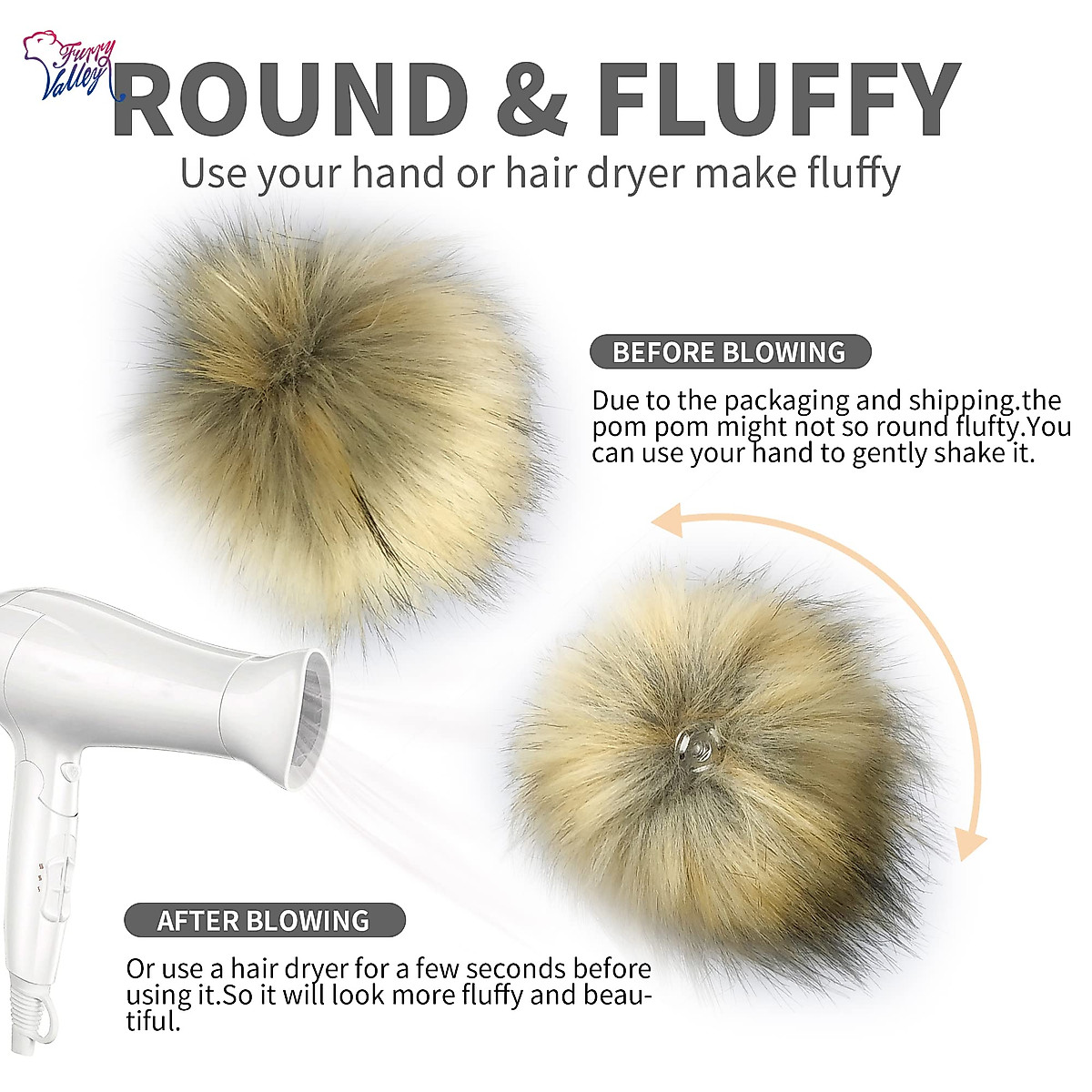 Furryvalley Faux Fur Pompom 6pcs DIY Crafts Fluffy Balls for Hat Shoes Scarves with Snap Fastener Removable Knitting Hat Horse Riding Hat Silk Accessories 6 Inch Extra Large(Brown)