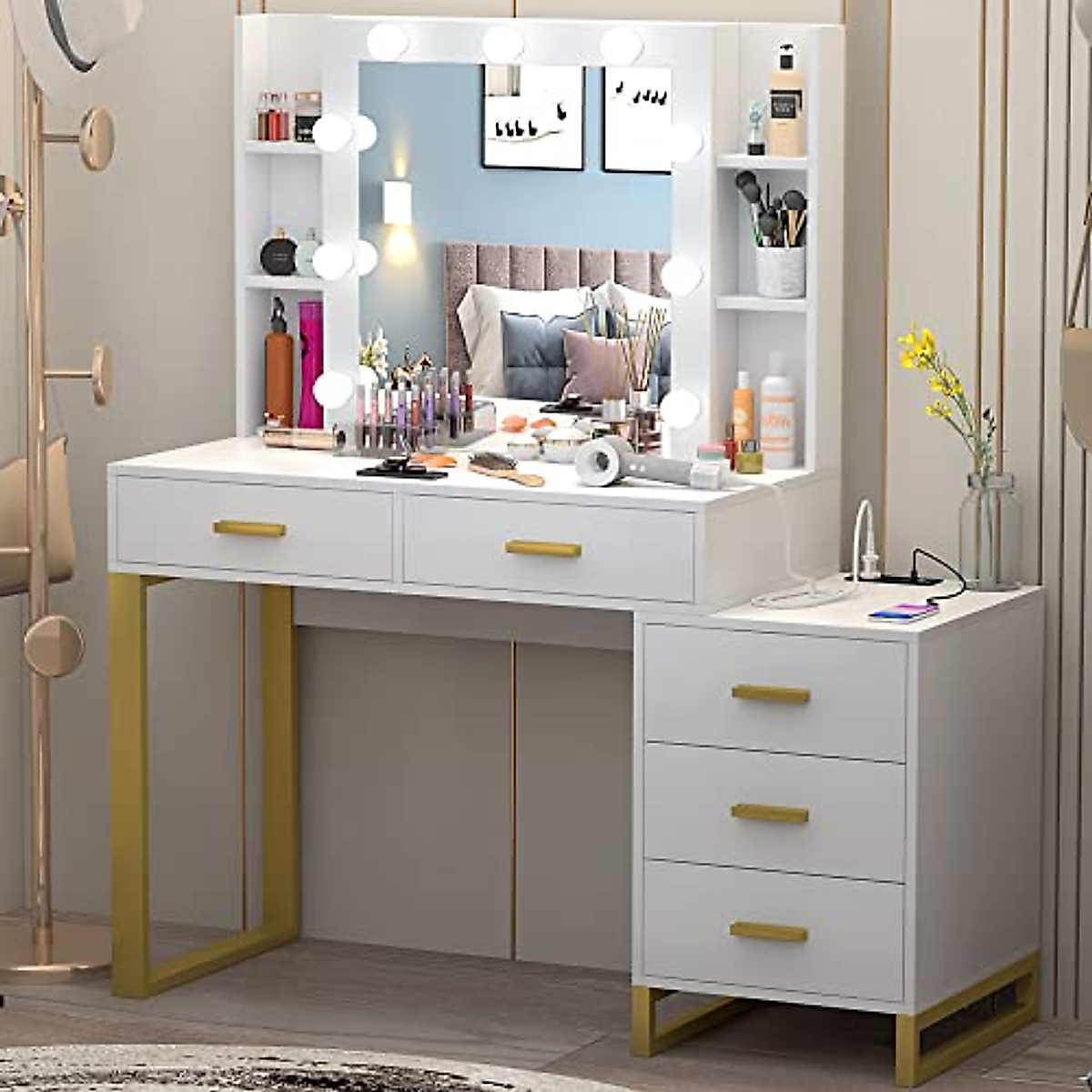 PAKASEPT Vanity Makeup Desk with Lights and Charging Station, Dressing Table Vanity Desk with Mirror and Lights,Storage Shelves, Drawers for Bedroom,White