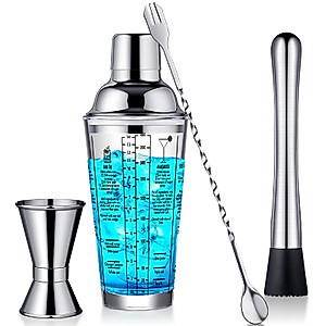 Rtteri 4 Pcs Cocktail Shaker Set 14 oz Martini Glass Shaker Cup Stainless Steel Drink Shaker Tool Margarita Bartender Kit Cocktail Mixers with Measuring Jigger Mixing Spoon Muddler for Bar Accessories