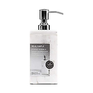 Real Simple Bathroom Accessory Set | Complete 6 Piece Bathroom Decor l Soap Dispenser, Cotton Ball Holder, Soap Dish, Toothbrush Holder & More (White Marble)