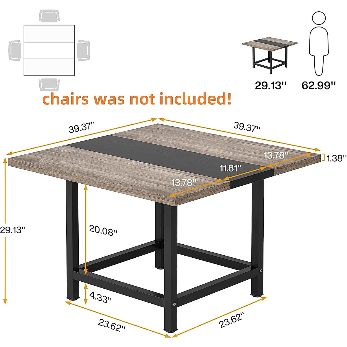 Tribesigns Square Dining Table for 4 People, Farmhouse 39.4"x 39.4"x29.5 “ inches Wooden Kitchen Table, Farmhouse 2 Person Dinning Table for Dinning Room &Small Space