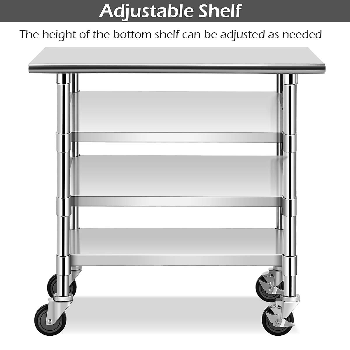 Giantex 36 × 24 Inches Stainless Steel Table w/ 4 Caster Wheels, Commercial Work Prep Table with Adjustable Lower Galvanized Shelf, Heavy Duty Metal Table for Restaurant, Kitchen