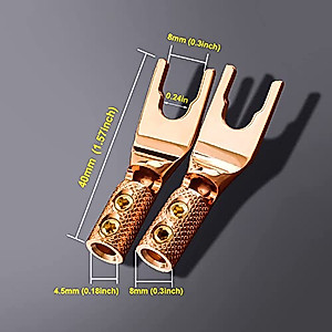 Speaker Spade Plug Connectors, Screw Locking Speaker Wire Connector with Allen Wrench+Heat Shrink Tubing, Fork Y Spade Lugs 45 Degree for Speaker Wire DIY 4PCS (Pure Copper Knurled Style)