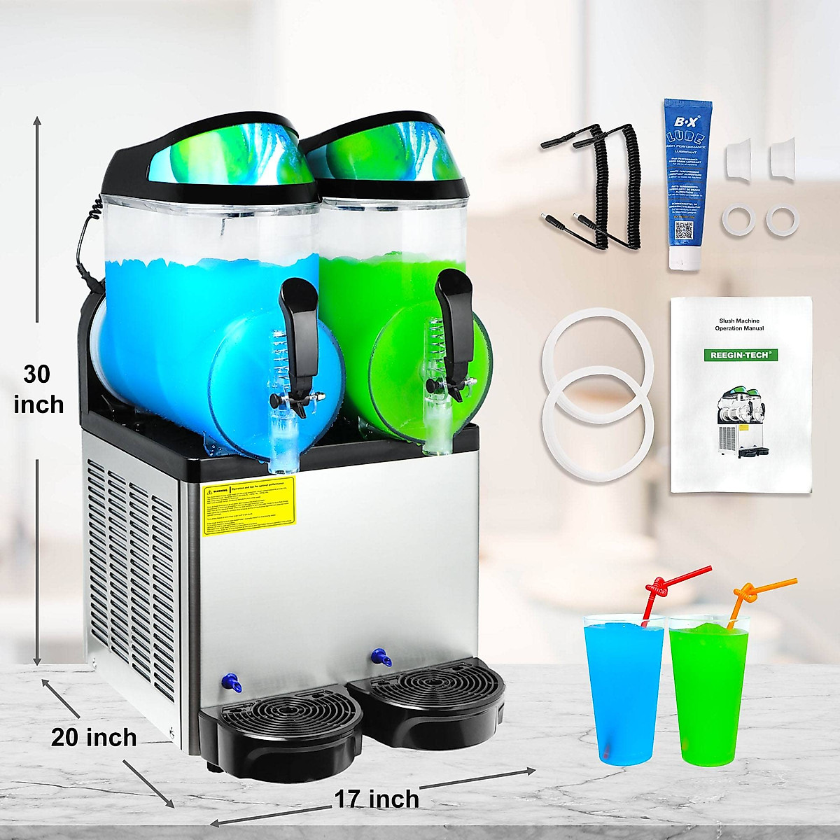REEGIN-TECH Commercial Slushy Machine 6.4 Gal, 110V/60HZ, Margarita Machine Granita Frozen Beverage Machine Slushie Maker Juice Beer Syrup Cocktail for Bar Buffet Cafe Restaurant Party (2 TANKS 24L)