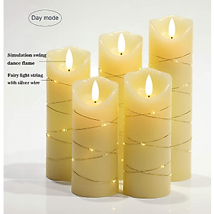 DANIP flameless Candle, with Embedded String Lights, 5-Piece LED Candles, with 10-Key Remote Control, 24-Hour Timer Function, Dancing Flame, Real Wax, Battery-Powered. (Ivory White)