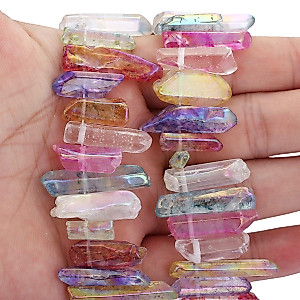 TUMBEELLUWA Rock Quartz Crystal Points Loose Beads for Jewelry Making, Titanium Coated Polished/Raw Quartz Points Beads 15 Inches Top Drilled,Multi-color Crystal Points(0.5"-1.6")