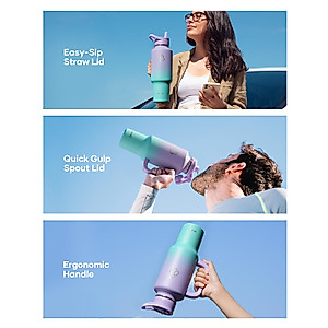 BUZIO Insulated Water Bottle with Handle & Flip Straw, 40oz Metal Travel Tumbler Fits in Cup Holders, Dishwasher Safe Leakproof Sport Thermos, Gift for Him&Her, Keep Cold for 48hrs, Dark Purple Green