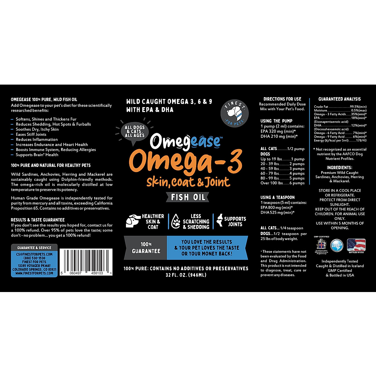 100% Pure Omega 3 Fish Oil for Dogs & Cats - Omegease Supplement for Skin & Coat, Itching, Shedding, Joints & Immune Health (32 oz)