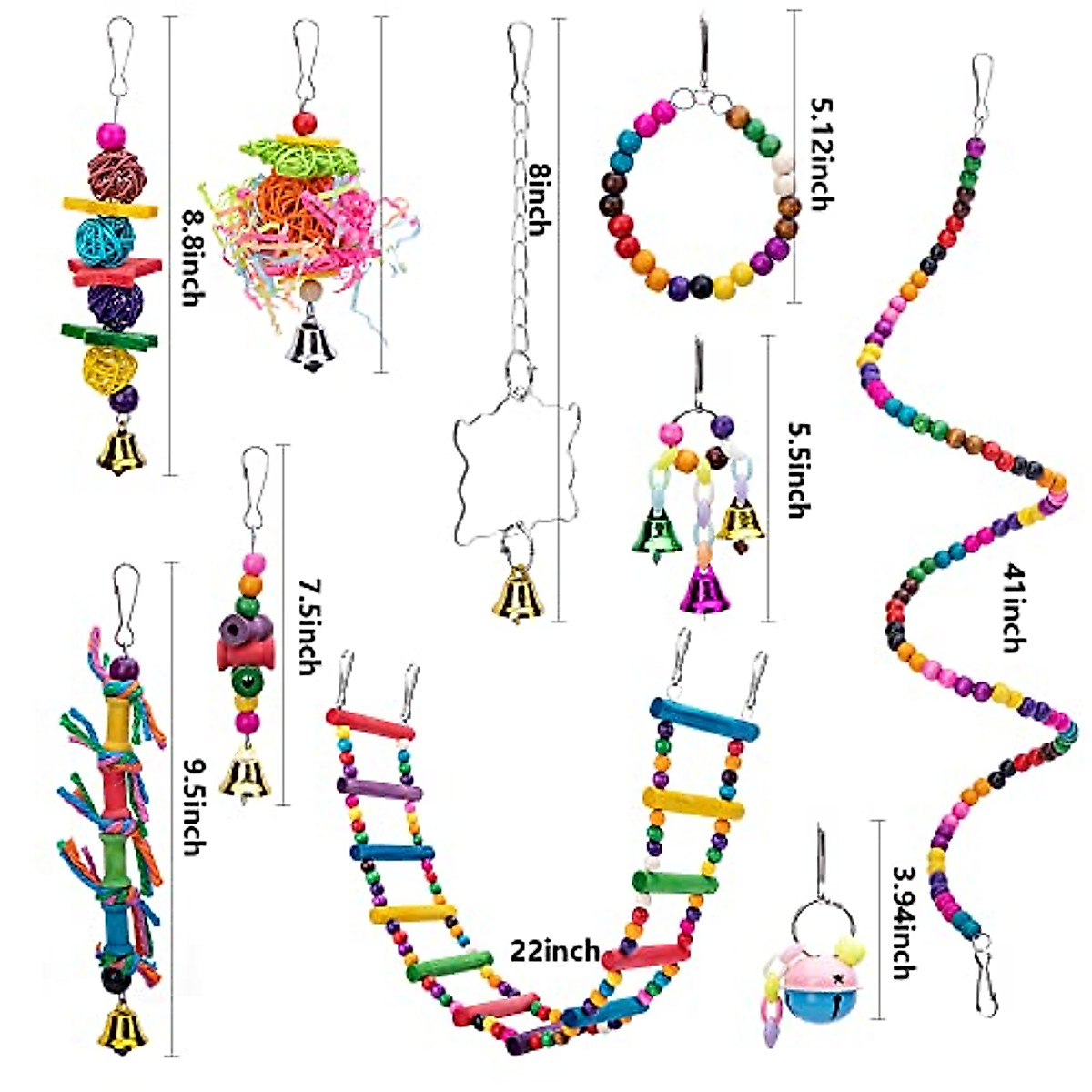 EBaokuup 10 Packs Bird Swing Chewing Toys- Parrot Hammock Bell Toys Parrot Cage Toy Bird Perch with Wood Beads Hanging for Small Parakeets, Cockatiels, Conures, Finches,Budgie,Parrots, Love Birds