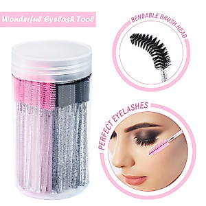 G2PLUS 100PCS Eyelash Brush, Ajustable Disposable Mascara Wands, Crystal Lash Spoolie, Eyebrow Spoolie Brush with Container for Makeup, Eyelash Extensions (Black+Pink)
