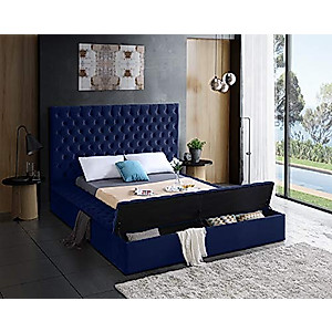 Meridian Furniture Bliss Collection Modern | Contemporary Velvet Upholstered Bed with Deep Button Tufting and Storage Compartments in Rails and Footboard, Queen, Navy