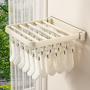 Wall mounted Sock drying rack Clothes Drying Rack,24 Clips Hole-Free Hidden Retractable Clothes Drying Rack Folding Indoor, Laundry Clothes Drying Rack Suitable for Drying Socks (WHITE-24 Clips)