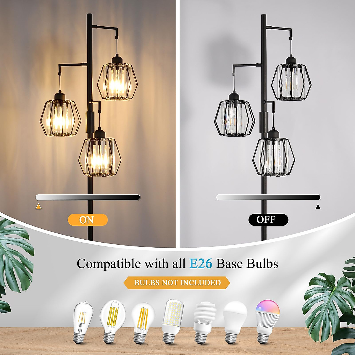 Loiogohot Floor Lamp,Industrial Floor Lamp for Living Room,Farmhouse Floor Lamp,Dimmable Floor Lamp 3-Light Crystal Standing Light,Rustic Tall Tree Reading Lamps for Bedroom,Office,Dining Room