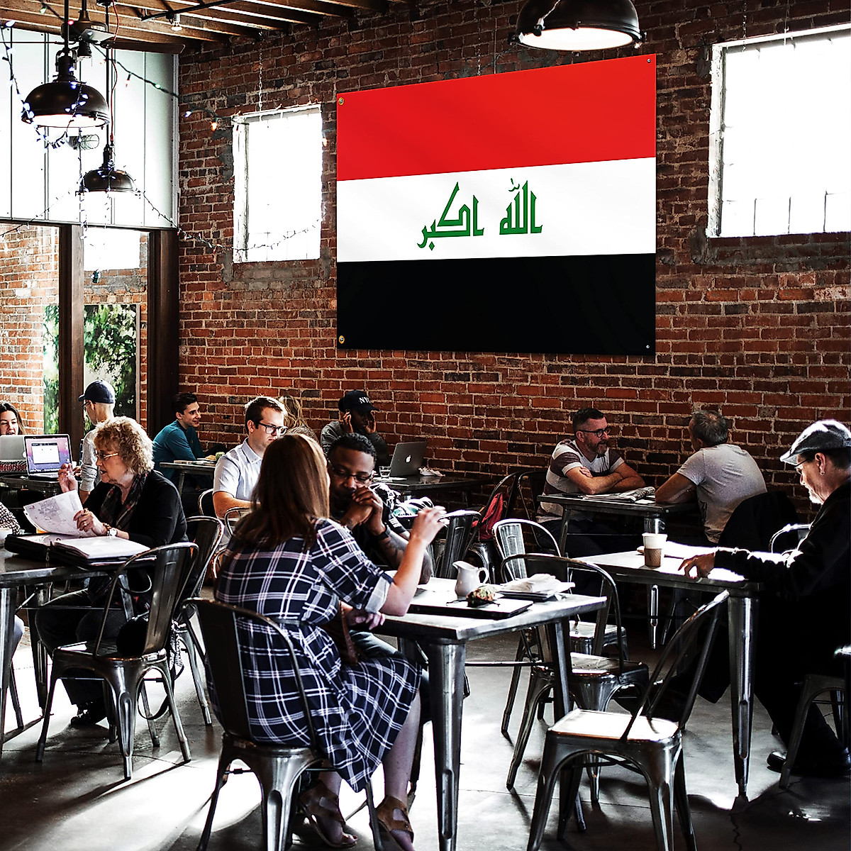 BannerBuzz Iraq Flag Knitted Fabric 90 GSM - Lightweight, Bright & Vivid Colors, Brass Grommets Use for Indoor-Outdoor Purpose (9' W X 6' H)