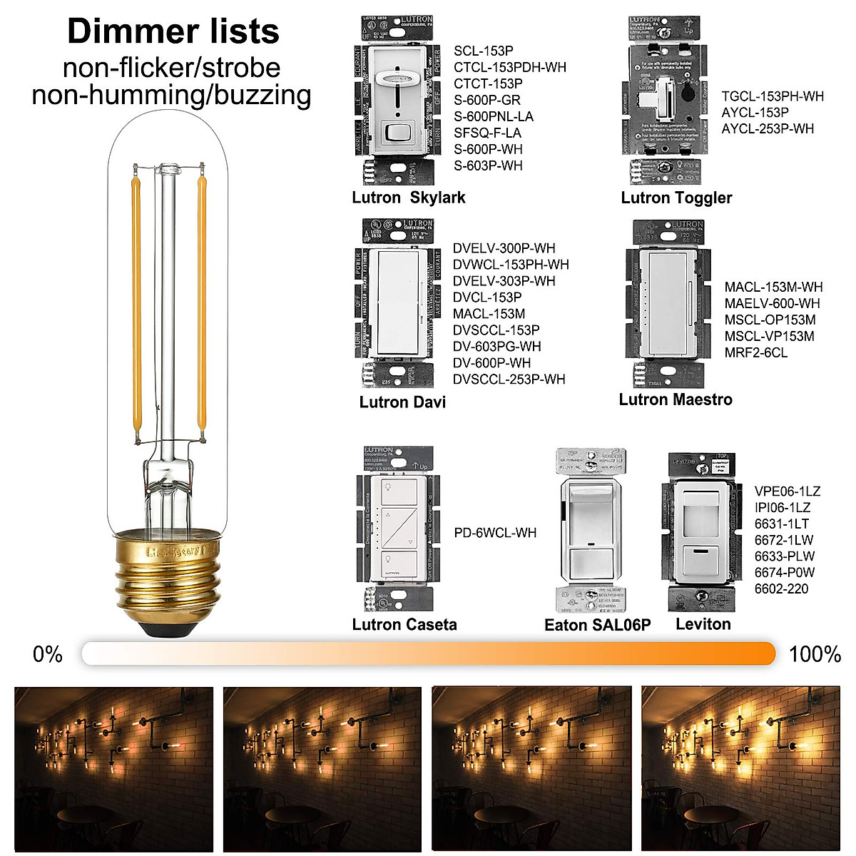 LiteHistory Dimmable E26 LED Bulb 4W Equal 40 Watt Warm White 2700K E26 Edison AC120V 400lm Tubular T9 T10 LED Light Bulb for Rustic Pendant,Chandeliers,Wall sconces 6Pack