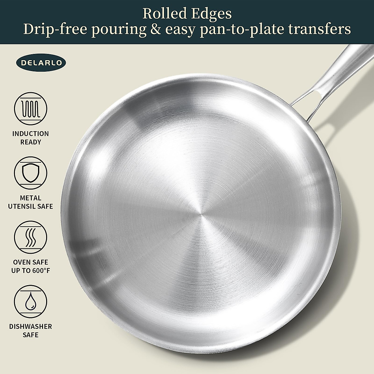 DELARLO Whole Body Tri-Ply Stainless Steel Frying Pan set, 8”/10”/12” Cooking pans, Kitchen Cookware Set, Fast Heating Chef's pan with Ergonomic Handles, Suitable for All Stove