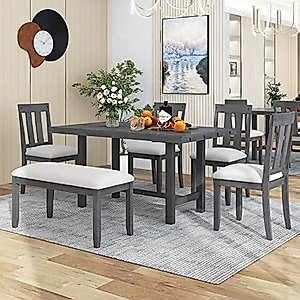 6 Piece Dining Table Set, Rectangle Dining Table with 4 Upholstered Chairs & a Bench, Kitchen Table Chairs Set for 6 Persons, Wood Dining Room Set (Gray)