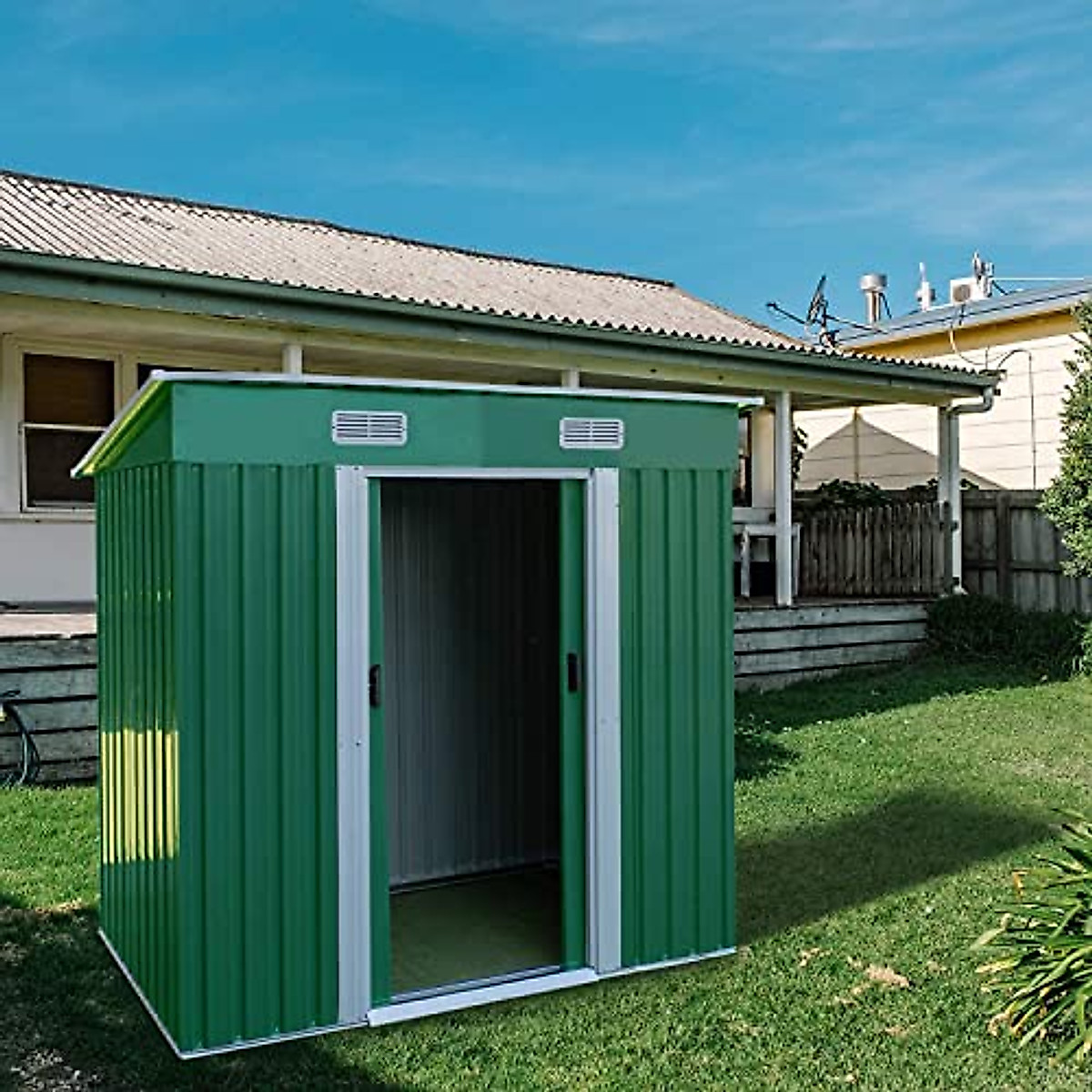 Arlopu 6 x 3.5 FT Outdoor Storage Shed, Metal Sheds with Sliding Doors and Vents, Waterproof Tool Storage Cabinet, Backyard Patio Lawn, for Bicycle, Garden Tool, Pet House, Utility Room (Dark Green)
