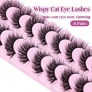 Fluffy Lashes 18mm Cat Eye Lashes Wispy False Eyelashes 3D Faux Mink Lashes Dramatic Volume Lashes Pack 8 Pairs by Zegaine
