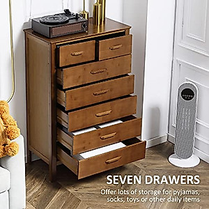 HOMCOM Tall Dresser for Bedroom, 7 Drawer Dresser, Chest of Drawers with Bamboo Frame, Brown