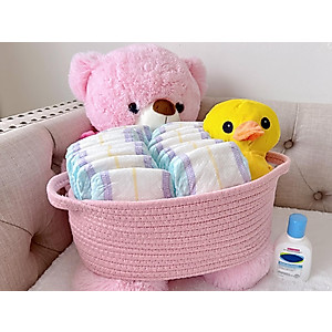 GiftExpress Pink Woven Gift Basket, Clear Cellophane Bag & Ribbon - 13" x 8" x 5" Cotton Rope Empty Decorative Gifting Basket - Cute Soft Organizing Raffle Storage Bin w/ Handles