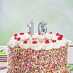 16th Birthday Candles Cake Numeral Candles Happy Birthday Cake Candles Topper Decoration for Birthday Wedding Anniversary Celebration Supplies (Silver)
