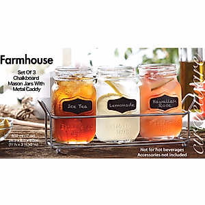 Circleware Chalkboard Mason Jar Glasses with Metal Holder Stand, Set of 4, Home & Kitchen Farmhouse Décor Drink Tumblers for Water, Beer and Beverages, 17 oz, 69075