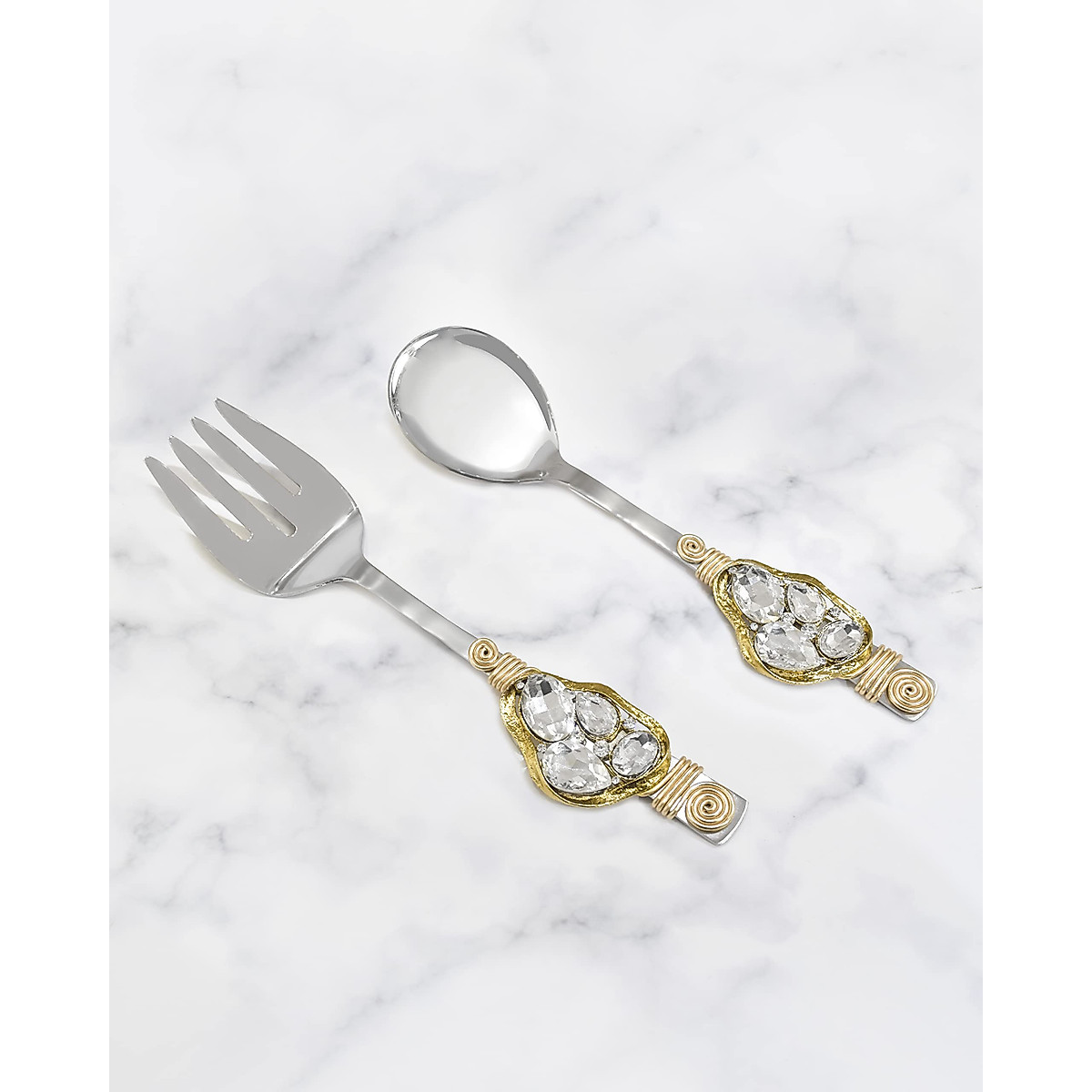YoTreasure Tiramisu Cumulus Crystal Stainless Steel Gold Crystal Salad Server Set Utensils for Modern Serving