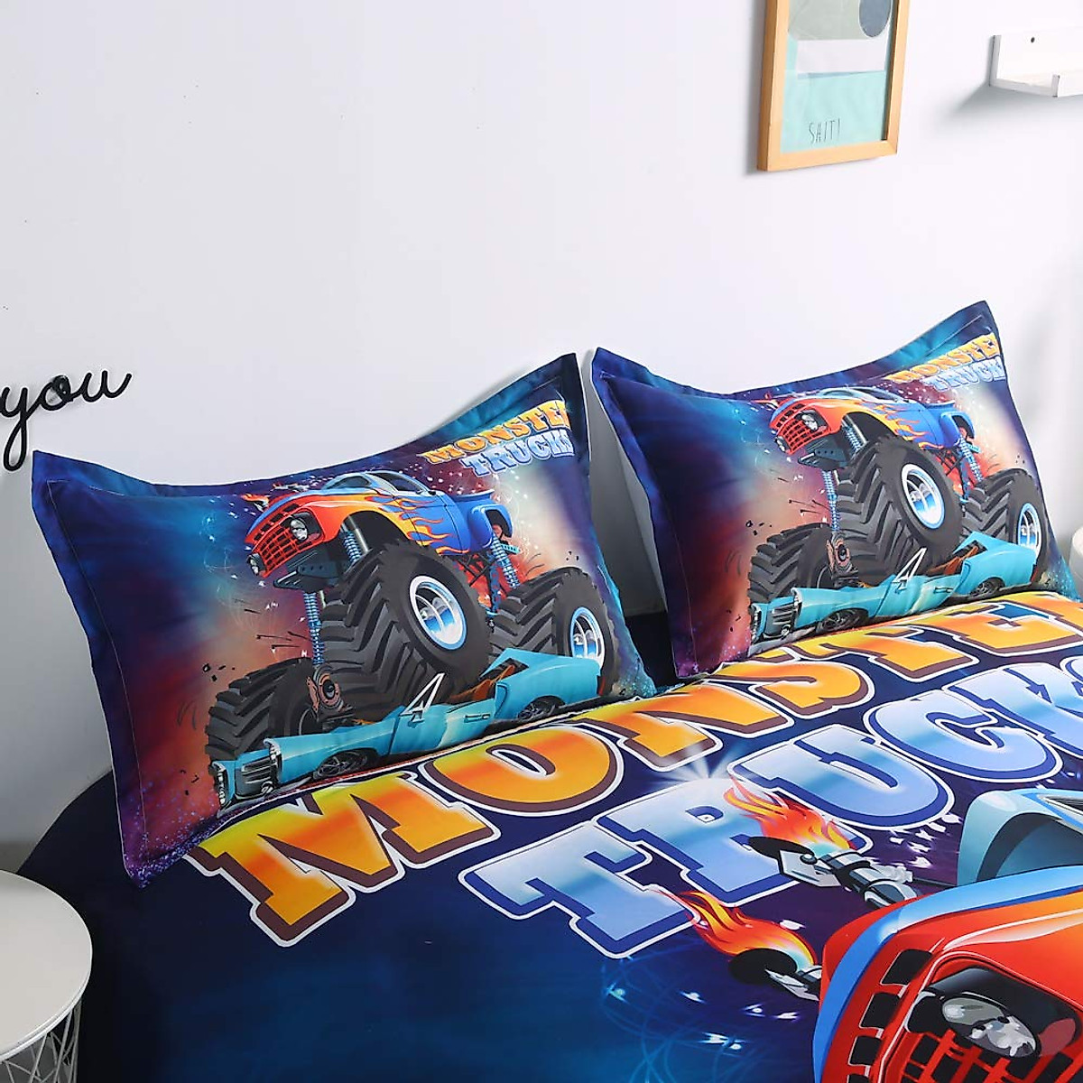 Suncloris,3D Monster Truck Home Bedding,Crushing on Car Freestyle Monster Truck Duvet Cover Sets.Included: Duvet Cover,Pillowcase(no Comforter Inside) (Queen)