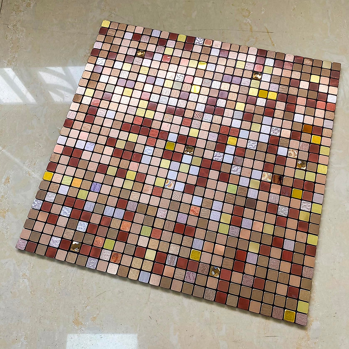 HomeyMosaic 10-Sheet Peel and Stick Backsplash Tile Stick on Kitchen Bathroom Fireplace Plaid Glass in Gradient Copper