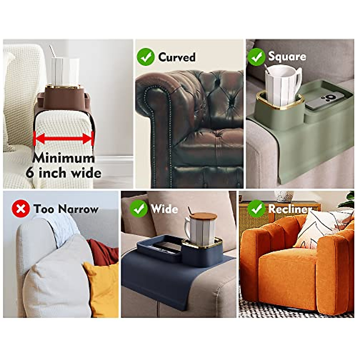 Couch Cup Holder Tray, Elimiko Silicone Anti-Spill and Anti-Slip Couch Drink Holder, Strong and Weighted Phone/Remote/Snacks Sofa Cup Holder, Gifts for Mom, Dad, Husband, Grandma, Grandpa (Griege)