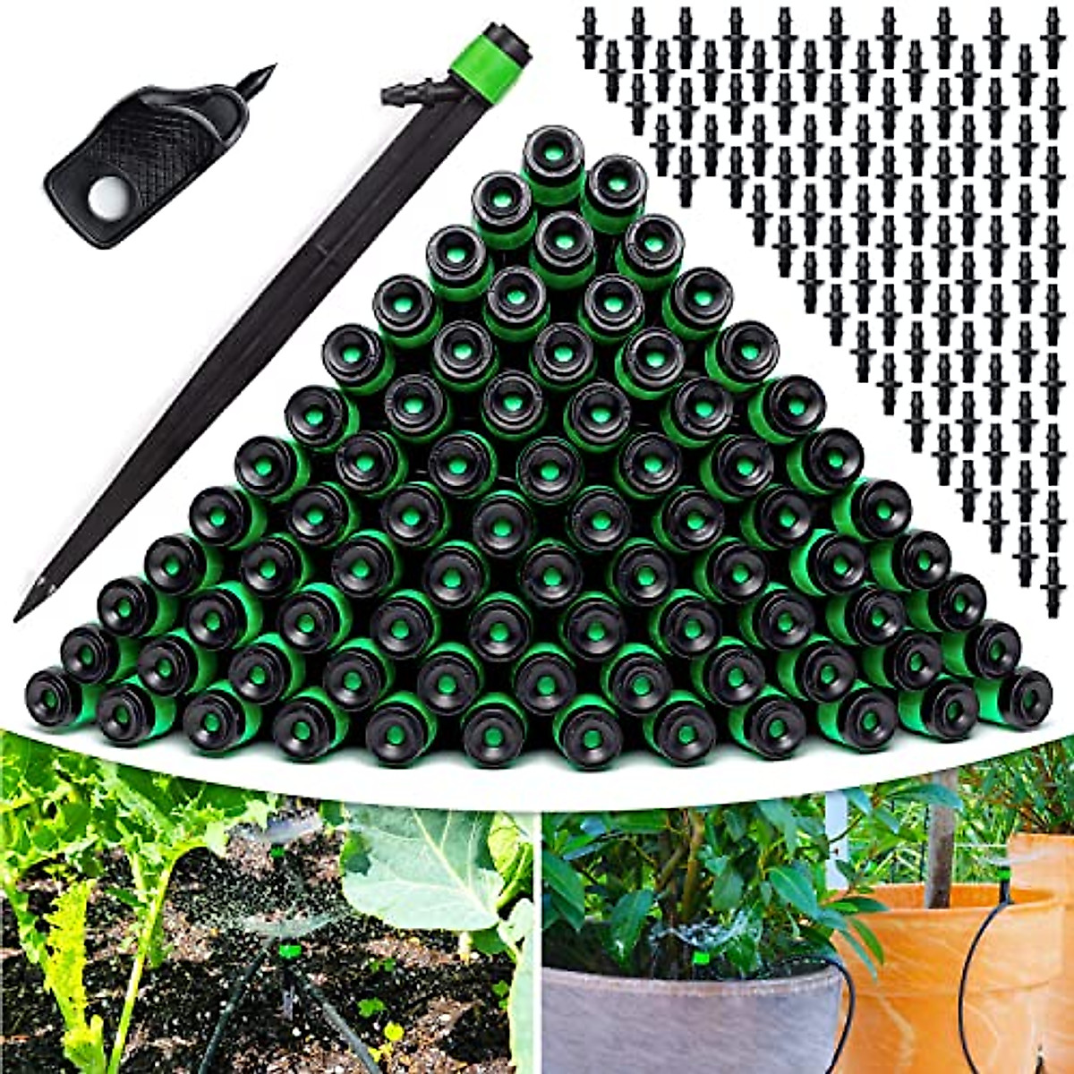 CARPATHEN 100 Drip Irrigation Emitters Vortex - Drip Irrigation Parts for Irrigation Kit - ¼ inch Irrigation Tubing Compatible - 360 deg Adjustable Fan Sprayer for Raised Garden Bed, Potted Plants