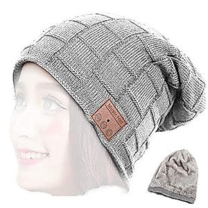 Bluetooth Beanie Hat Beanie Headset Wireless Music Hat Stereo Headphones Winter Cap Handsfree Call Earphone Knit Hat for Women Men Boy Girls Outdoor Sport Running Skiing Walking Cycling (Grey)