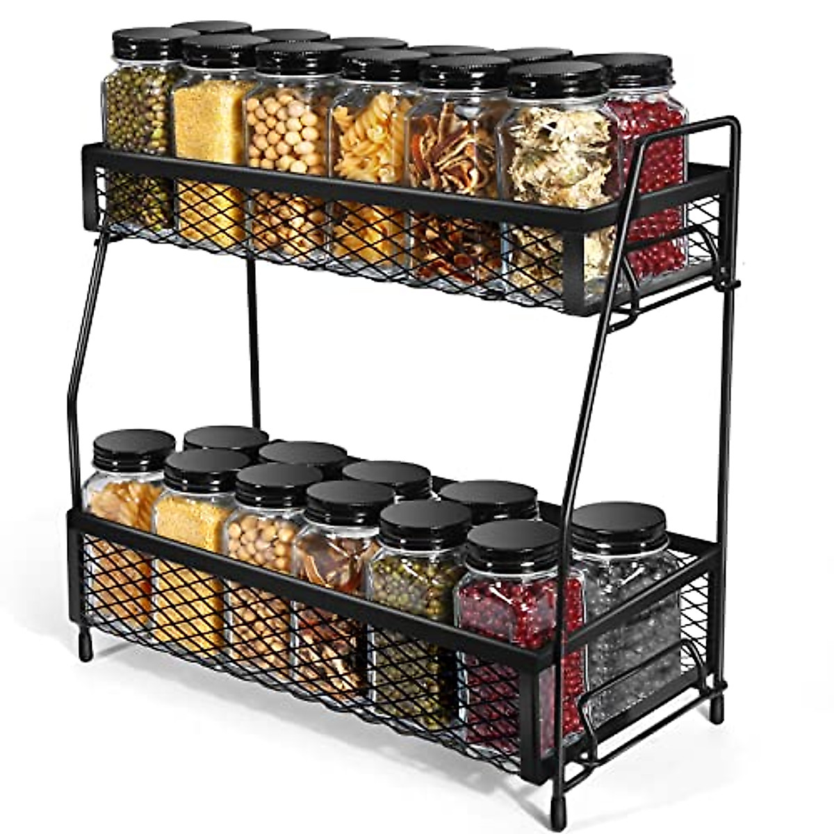 Spice Rack Organizer for Countertop, 2 Tier Metal Foldable Non-Slip Countertop Organizer, Countertop Spice Rack for Kitchen Bathroom Countertop(Black)