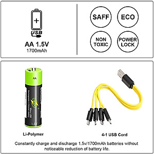 AA Batteries - USB Rechargeable Double A Lithium Batteries - Li-ion Battery Cell - 1.5V / 1700mAH (4-Pack) - Not NI-MH/NI-CD/Alkaline Batteries - ECO-Friendly and Recyclable - No Memory Effect（Green)
