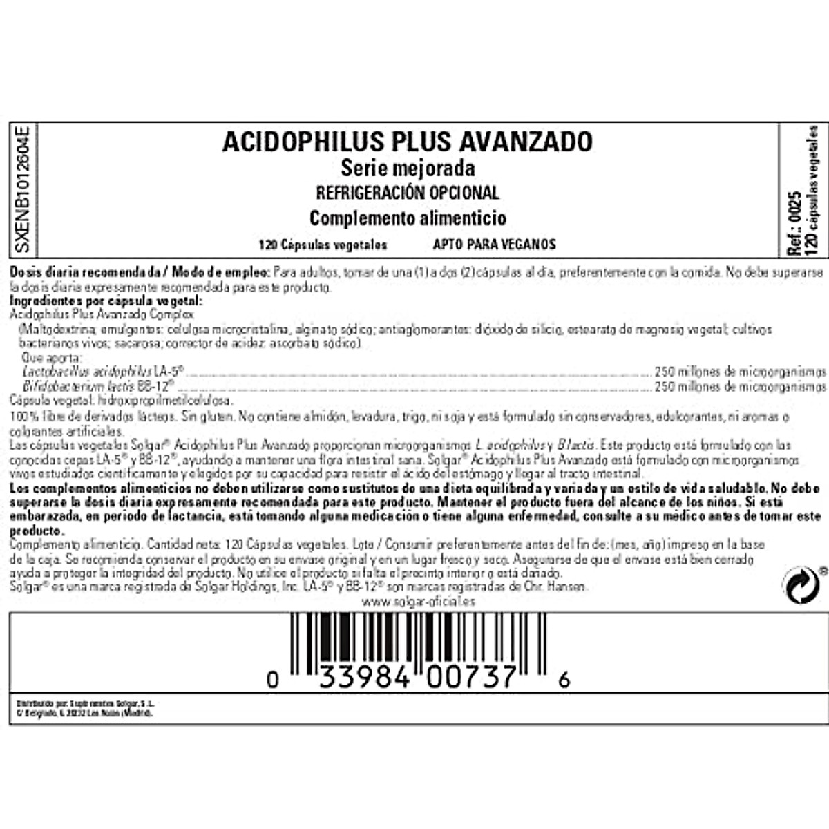 Solgar Advanced Acidophilus Plus, 120 Vegetable Capsules - Supports Healthy Intestinal Flora - 500 Million Microorganisms Per Serving - Gluten & Dairy Free - Vegetarian - 120 Servings