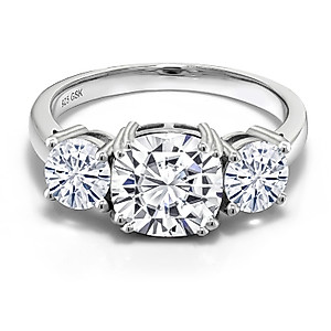 Gem Stone King 925 Sterling Silver White Moissanite 3 Stone Engagement Ring For Women (3.40 Cttw, Gemstone, Cushion 8MM, Size 9)