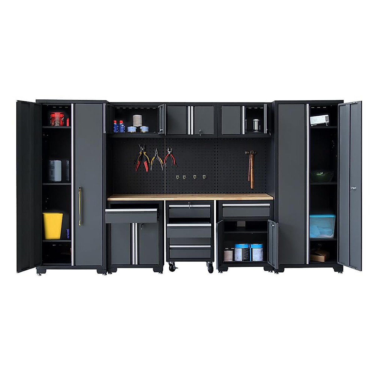 4utoHydra 9-Piece Workshop Cabinet Set w/Pegboard in Grey with Workbench - Perfect for Organizing Tools - Included Steel Cabinets Drawers Shelving Rolling Chest New