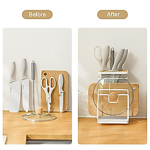 LINFIDITE Knife Block Holder Pot Lid Rack Cutting Board Organizer Holder Drying Rack with Draining Tray Kitchen Countertop Cabinet Pantry Bakeware Cookware Storage Stand Black